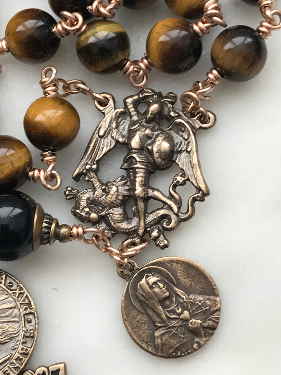 Saint Michael Rosary - Tiger Eye and Bronze - Saint Benedict - Memento ...