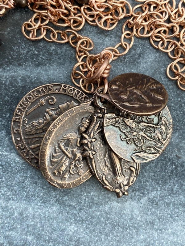 Catholic Protection Necklace - Solid Bronze - Saints Michael Benedict ...